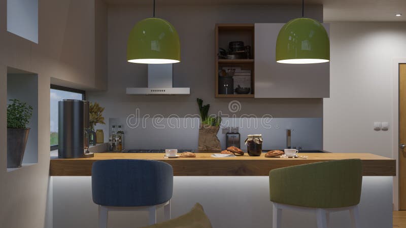Modern Open Plan Kitchen in Dim Light Stock Illustration - Illustration ...