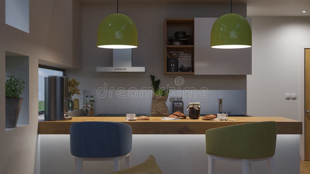 Modern Open Plan Kitchen in Dim Light Stock Illustration - Illustration ...