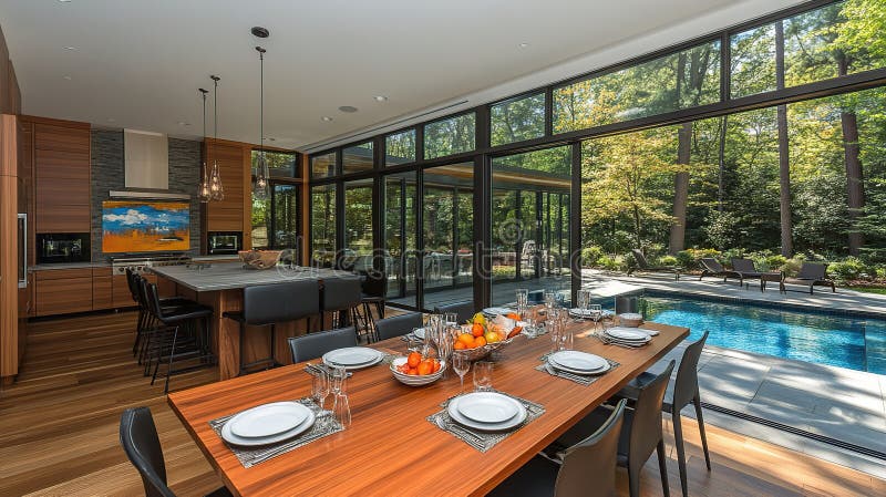 Modern Open-plan Kitchen and Dining Area with Pool View Stock ...