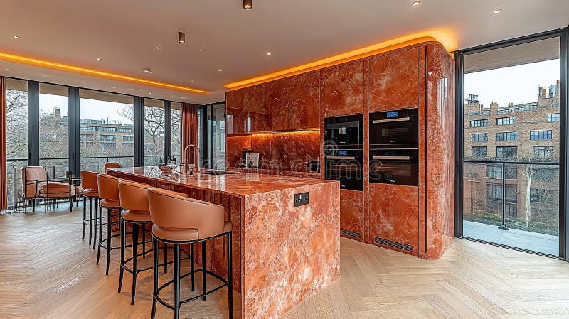 Modern, Open-plan Kitchen Dining Area with Stunning City Views Stock ...