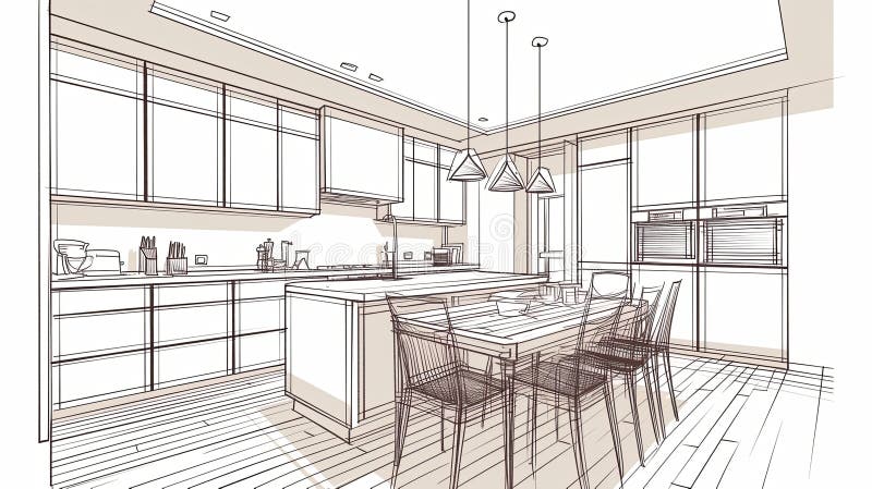 Modern Open-plan Kitchen and Dining Sketch Design Concept Stock ...