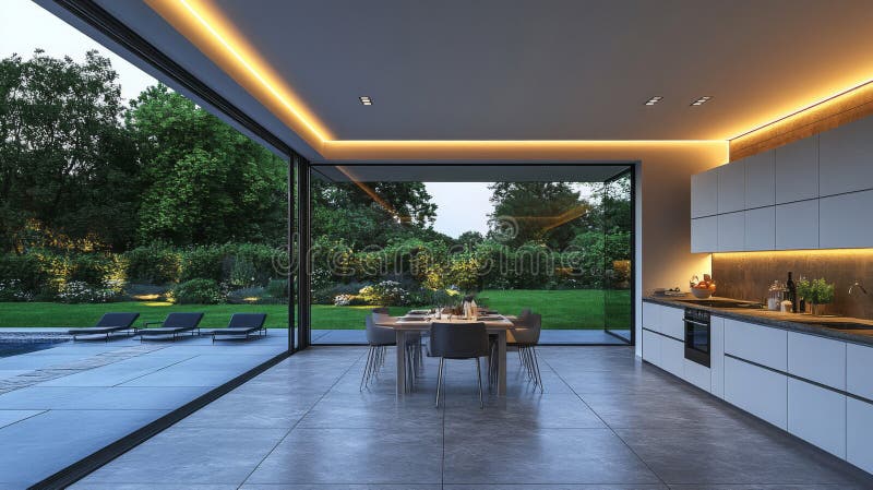 Modern Open Plan Kitchen Interior with Evening Garden View Stock ...