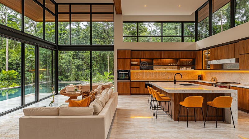 Modern Open-plan Kitchen-living Area with Expansive Forest Views Stock ...