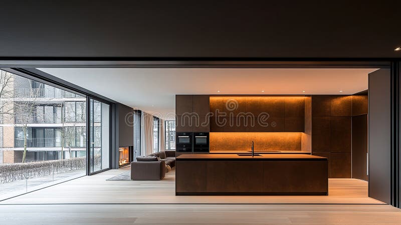 Modern, Open-plan Kitchen with Panoramic Views Stock Illustration ...