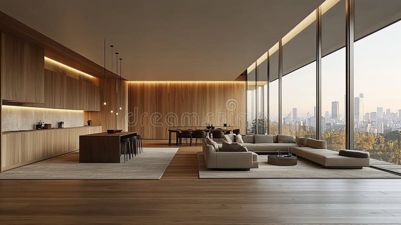Modern Open-plan Living Area with City Views Stock Illustration ...