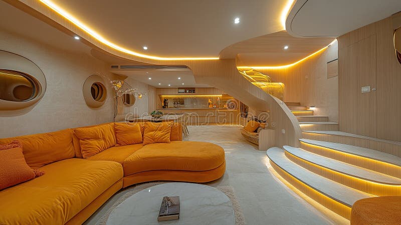 Modern Open-plan Living Area with Curved Staircase and Orange Sofa ...