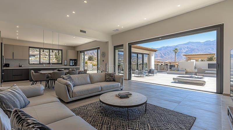 Modern Open-plan Living Area with Expansive Patio Views Stock ...