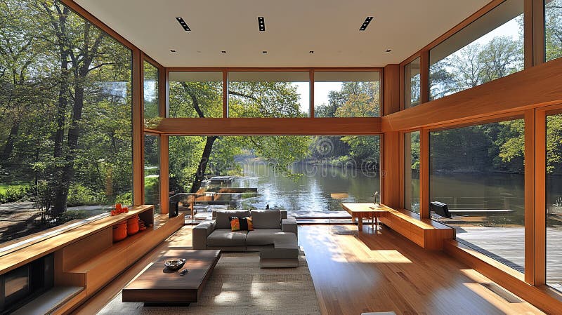 Modern Open-plan Living Area with Expansive River Views Stock ...