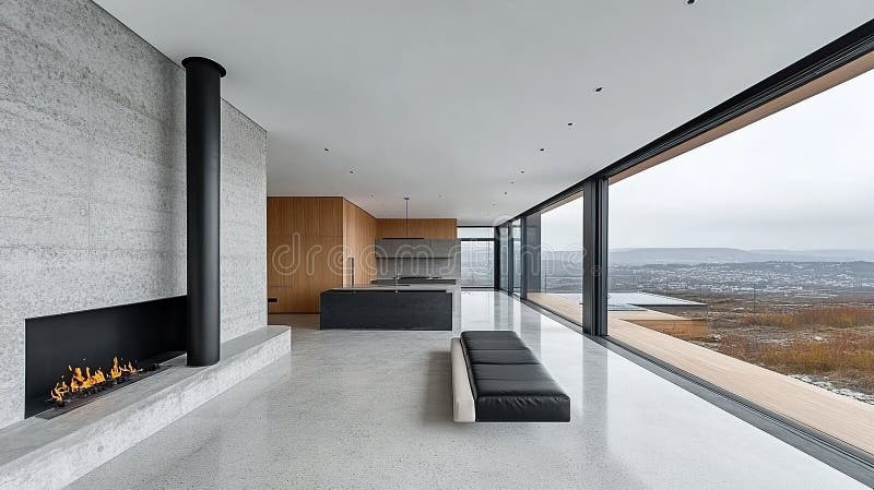 Modern Open-plan Living Area with Panoramic Views Stock Illustration ...