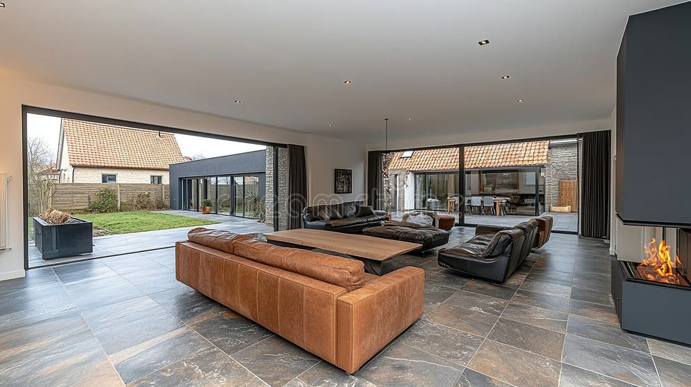 Modern Open-plan Living Area with Patio Access Stock Illustration ...