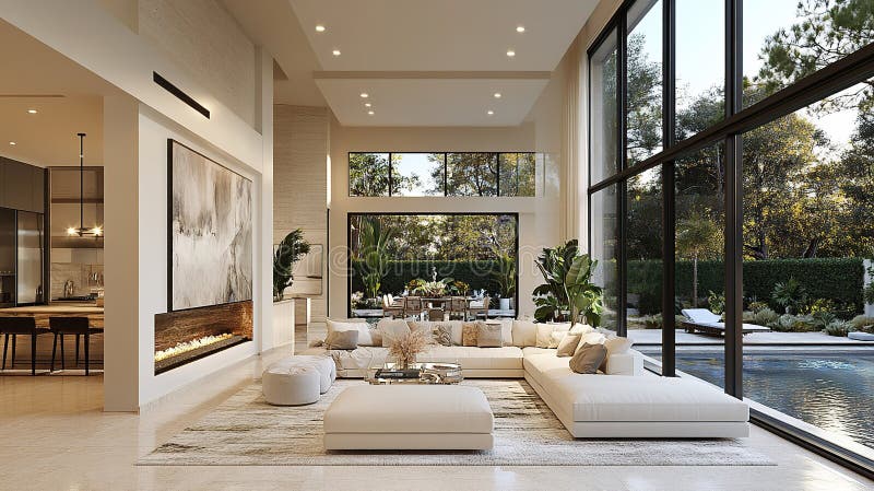 Modern Open-plan Living Area with Patio and Pool Views Stock ...