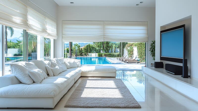 Modern Open-plan Living Area with Pool Views Stock Illustration ...