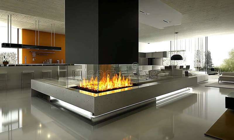Modern Open-plan Living Area with a Striking, Central Fireplace Stock ...