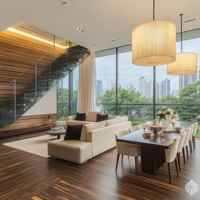 Modern Open Plan Living Room with City View, Dining Table, Designer ...