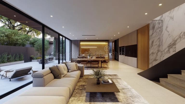 Modern Open Plan Living Room Design 3D Rendering, Beige Sofa, Marble Accent Wall, Interior ...