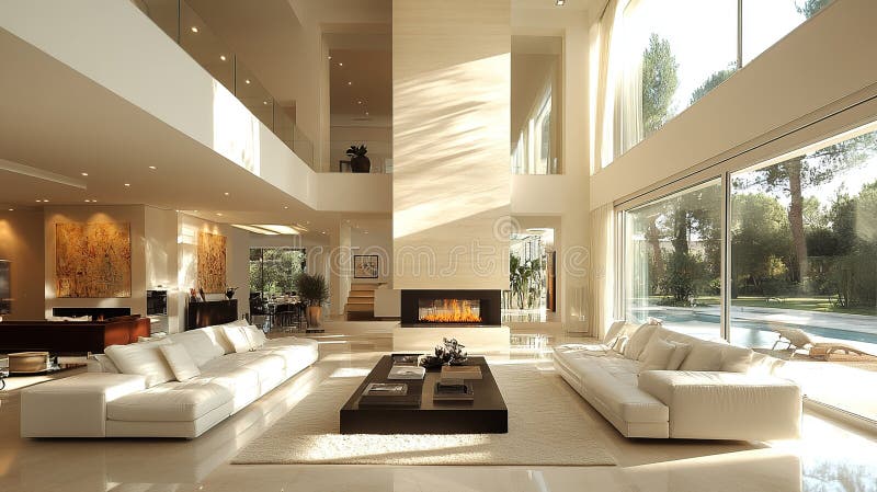 Modern Open-plan Living Room with Fireplace, Overlooking Pool and ...
