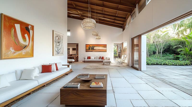 Modern, Open Plan Living Room Interior Design with High Ceilings and ...