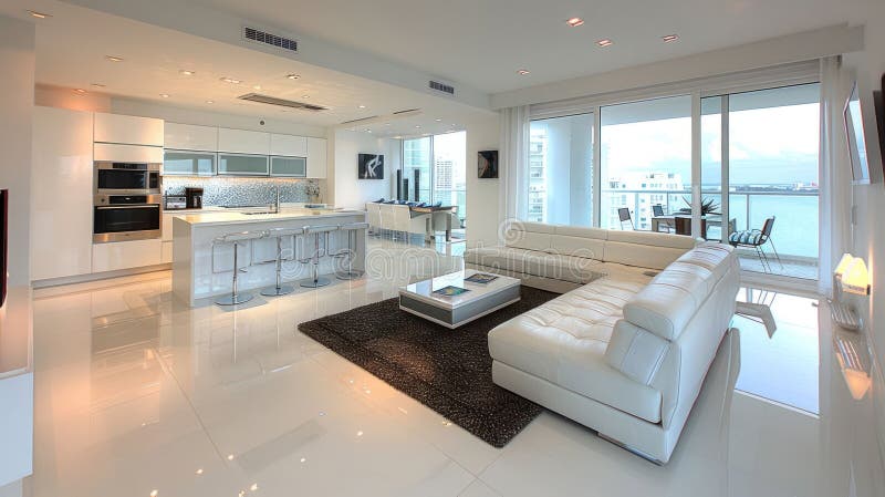 Modern, Open-plan Living Room and Kitchen with White Leather Sofa ...