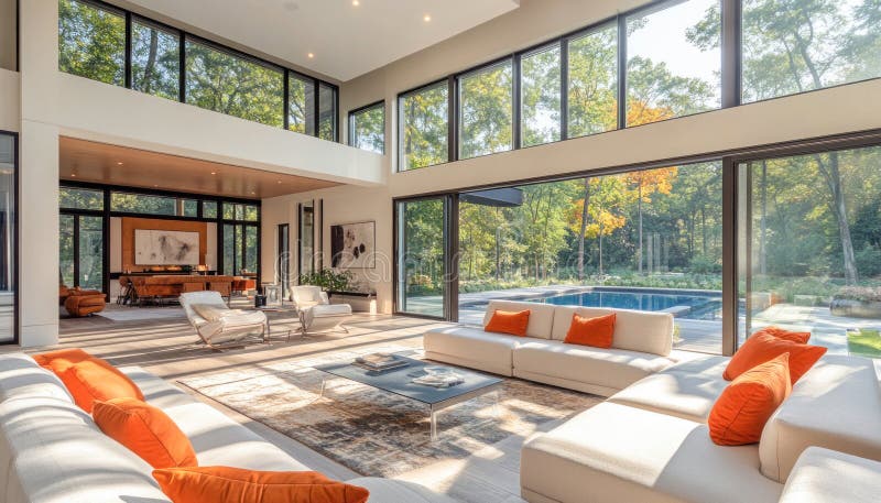 Modern Open Plan Living Room Overlooking Back Yard with Swimming Pool ...