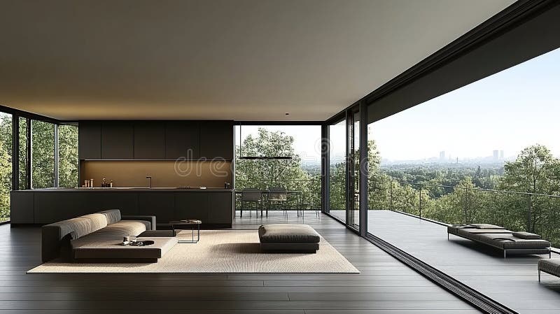 Modern Open-plan Living Room Overlooking City Skyline Stock Image ...