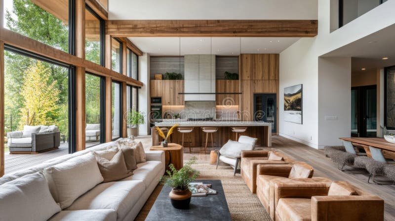 Modern Open Plan Living Room with Wooden Beams and Large Windows Stock Illustration ...