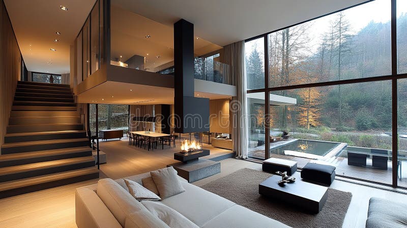 Modern Open-plan Living Space with a Dramatic Fireplace and Stunning ...