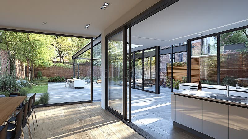 Modern Open-plan Living Space with Garden Views Stock Illustration ...