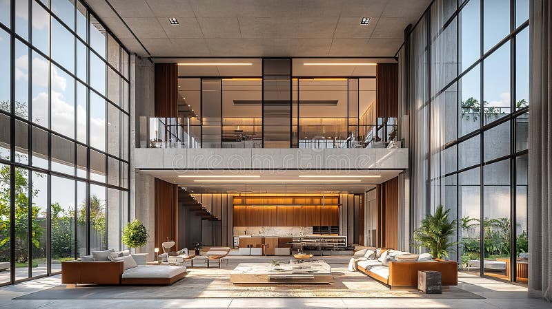 Modern Open-plan Living Space with High Ceilings, Large Windows, and a ...