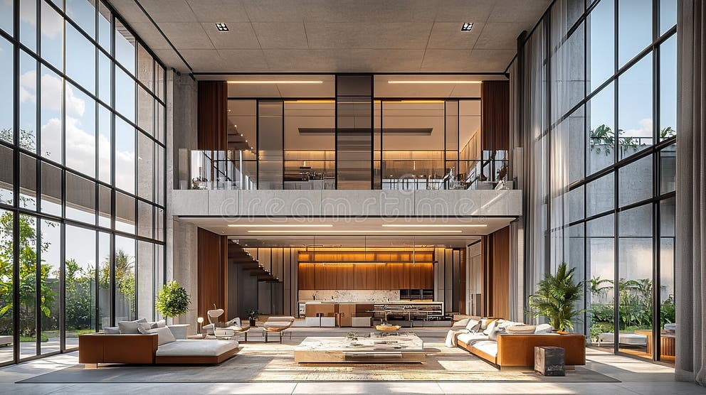 Modern Open-plan Living Space with High Ceilings, Large Windows, and a ...
