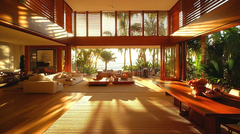 Modern Open-plan Living Space with Ocean View Stock Illustration ...