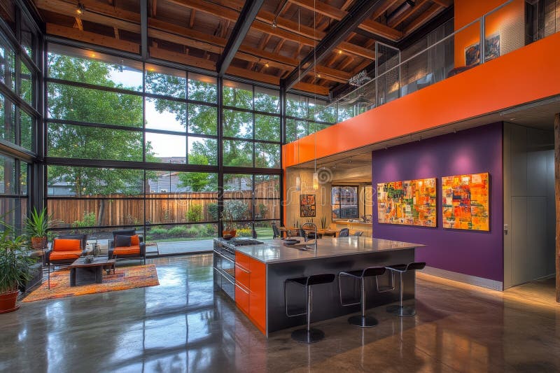 Modern Open Plan Living Space with Oversized Windows, Purple Accent ...