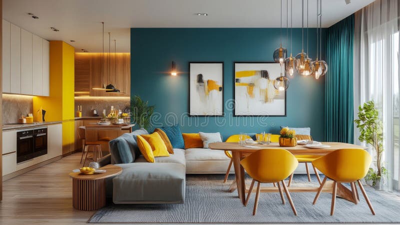 Modern Open Plan Living Space with Yellow and Teal Accents Stock ...