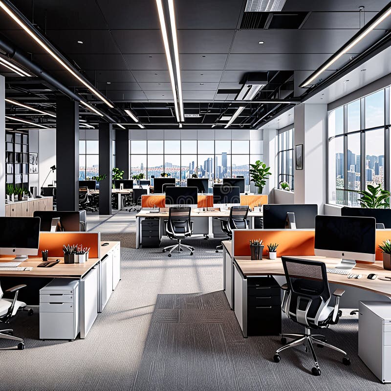 Modern Open Plan Office with City View Stock Illustration ...
