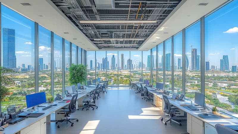 Modern Open-plan Office with City Views Stock Illustration ...