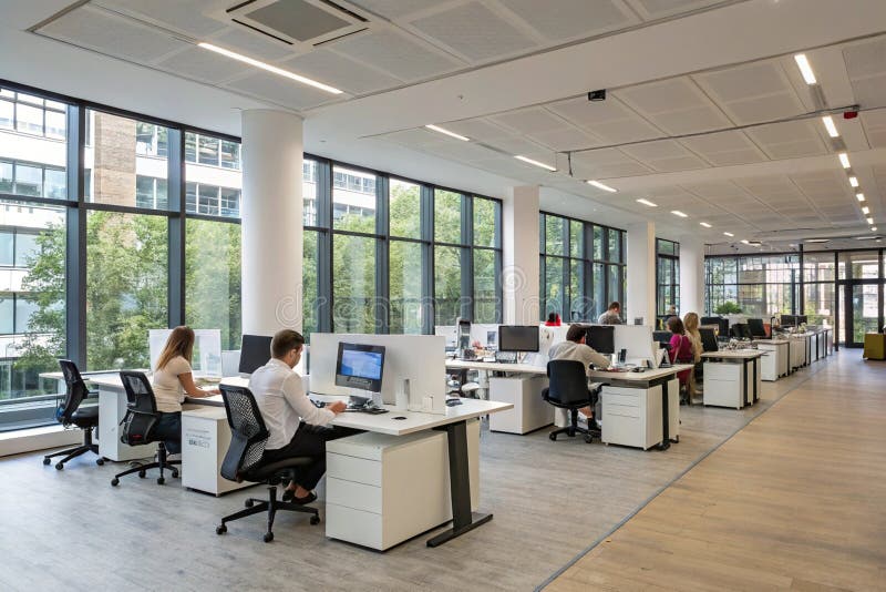 Modern Open-plan Office with Desks and Computers Stock Illustration ...