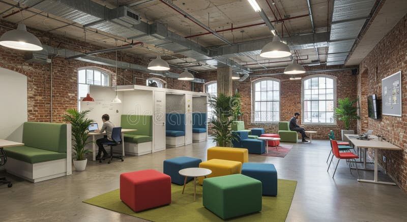Modern Open-plan Office with Exposed Brick Walls and Ductwork. Large ...