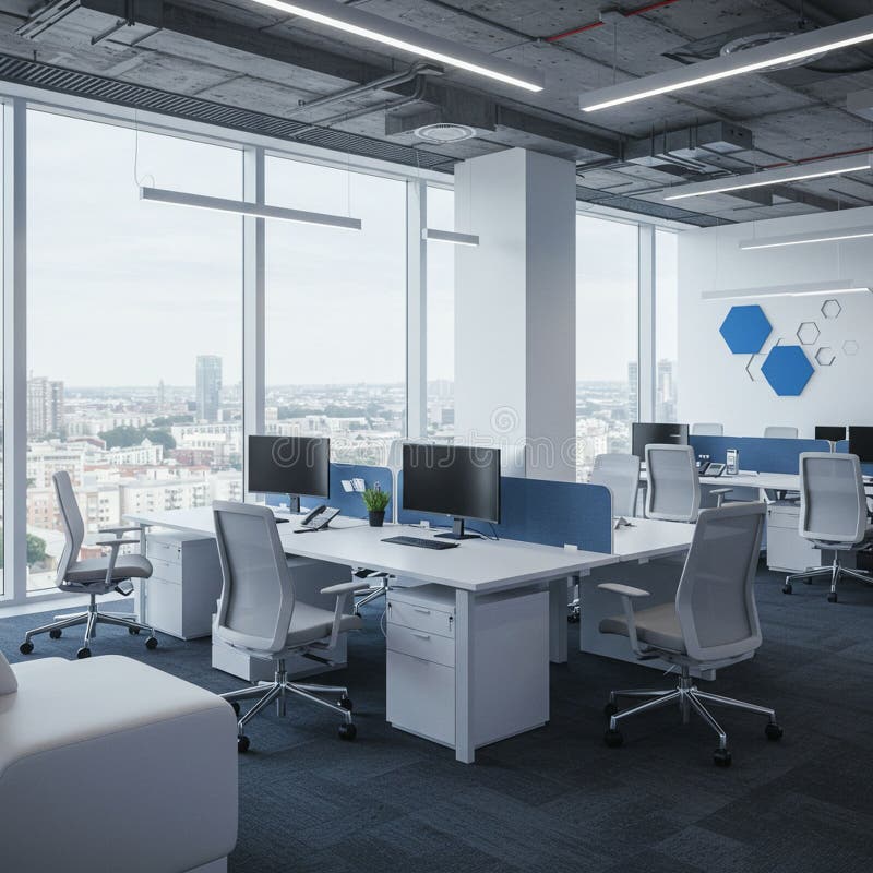 Modern Open-plan Office Featuring White Desks with Computer Monitors ...
