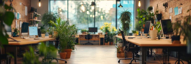 Modern Open Plan Office with Greenery, Natural Light, and Blurred ...