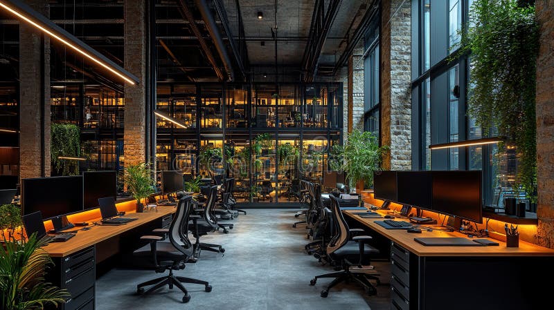 Modern Open-plan Office with Industrial Design Elements, Plants, and ...
