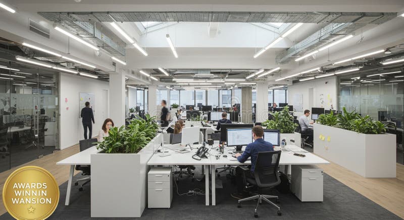 Modern Open-plan Office Interior with Bright Lighting from Overhead ...