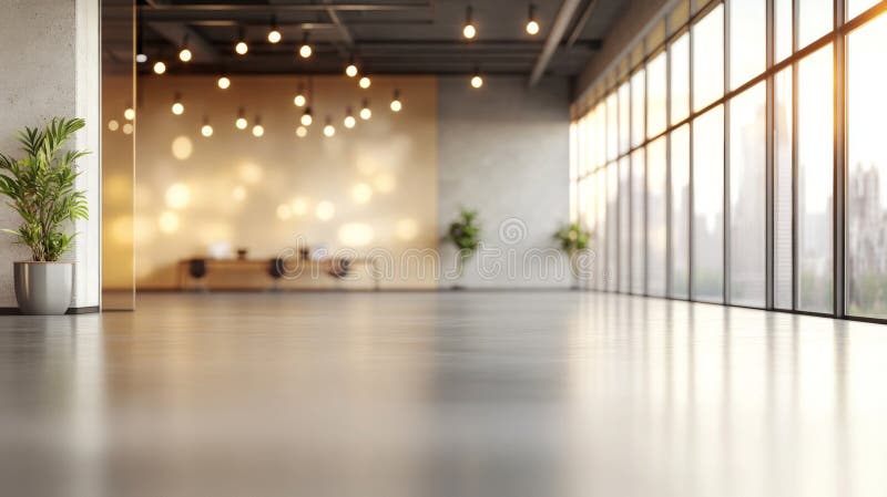 Modern Open Plan Office Interior with Concrete Floor and Large Windows ...