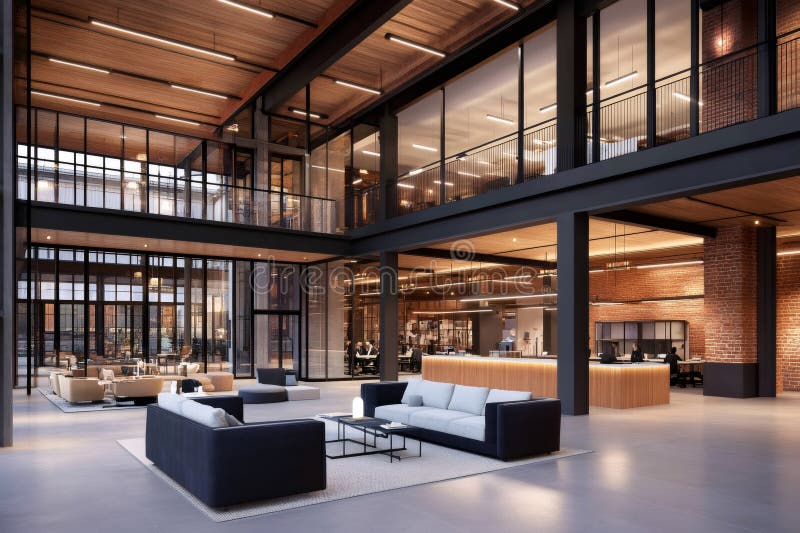 Modern Open Plan Office Interior with Exposed Brick and Metal Beams ...
