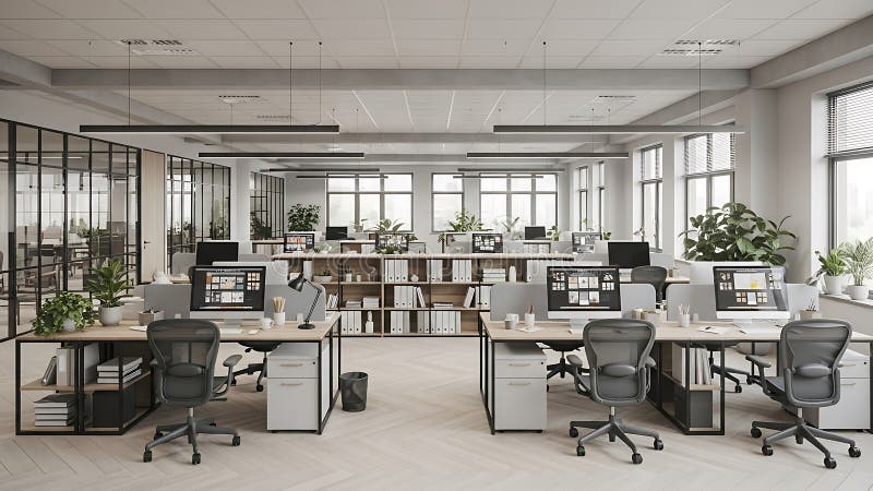 Modern Open-plan Office Interior with Multiple Workstations, Computers, Chairs, and Natural ...