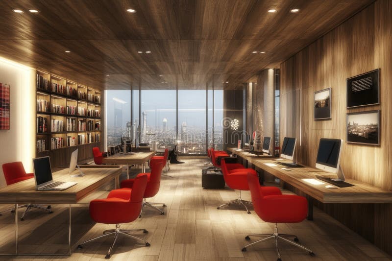 Modern Open-plan Office Interior with Red Chairs, Wooden Desks, and ...