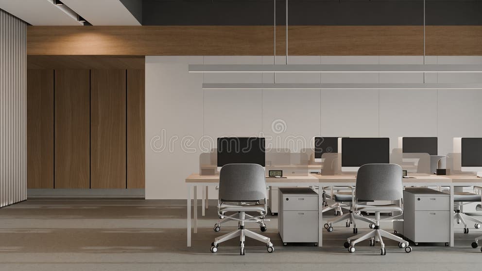 Modern Open-plan Office Interior with Rows of Empty Workstations and Contemporary Wood Paneling ...