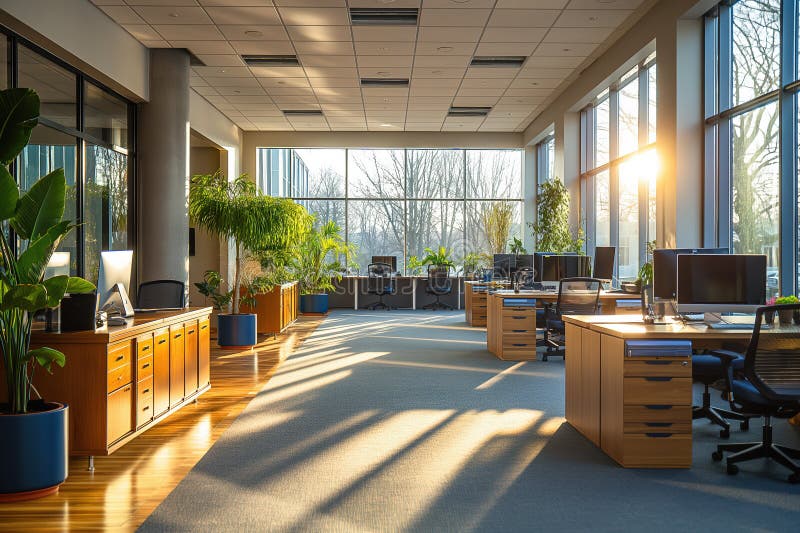 Modern Open Plan Office Interior with Sunlight Shining through Windows ...