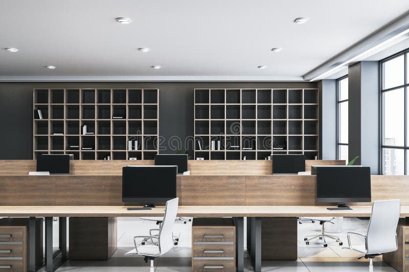 Modern Open-plan Office Interior with Wooden Desks and Computer Setups ...