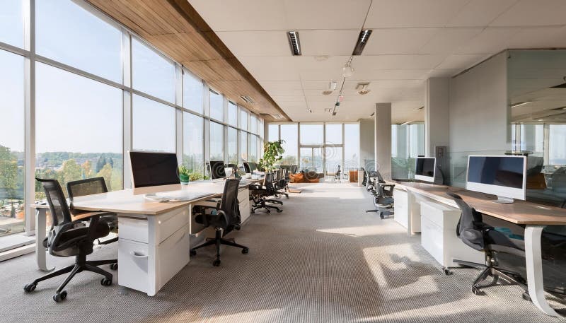 Modern Open-plan Office Interior with Workstations, Computers, and ...