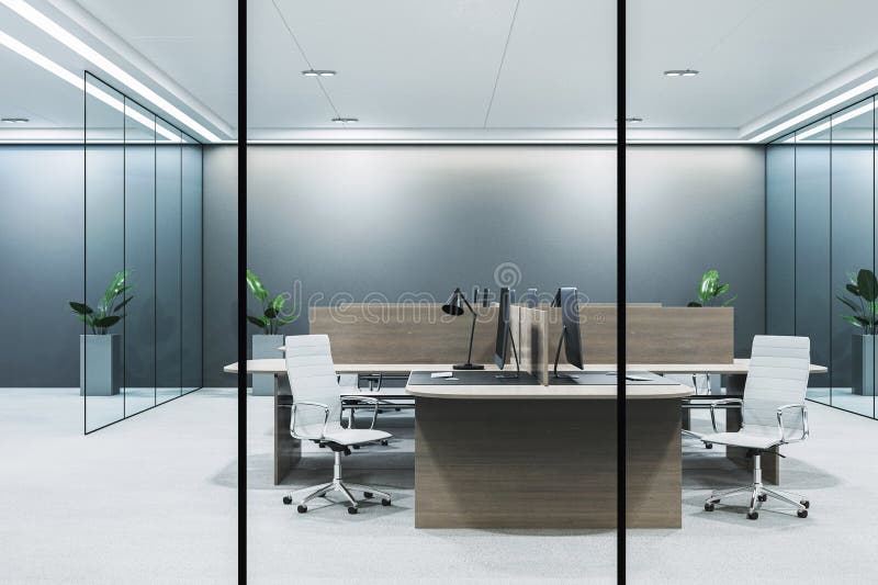 Modern Open-plan Office Interior with Workstations and Computers Viewed ...