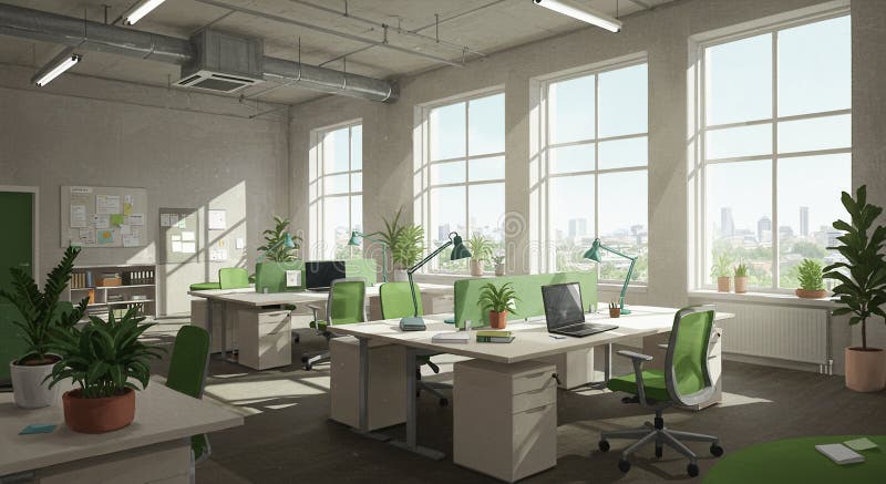 Modern Open-plan Office with Large Windows Showcasing a Cityscape ...